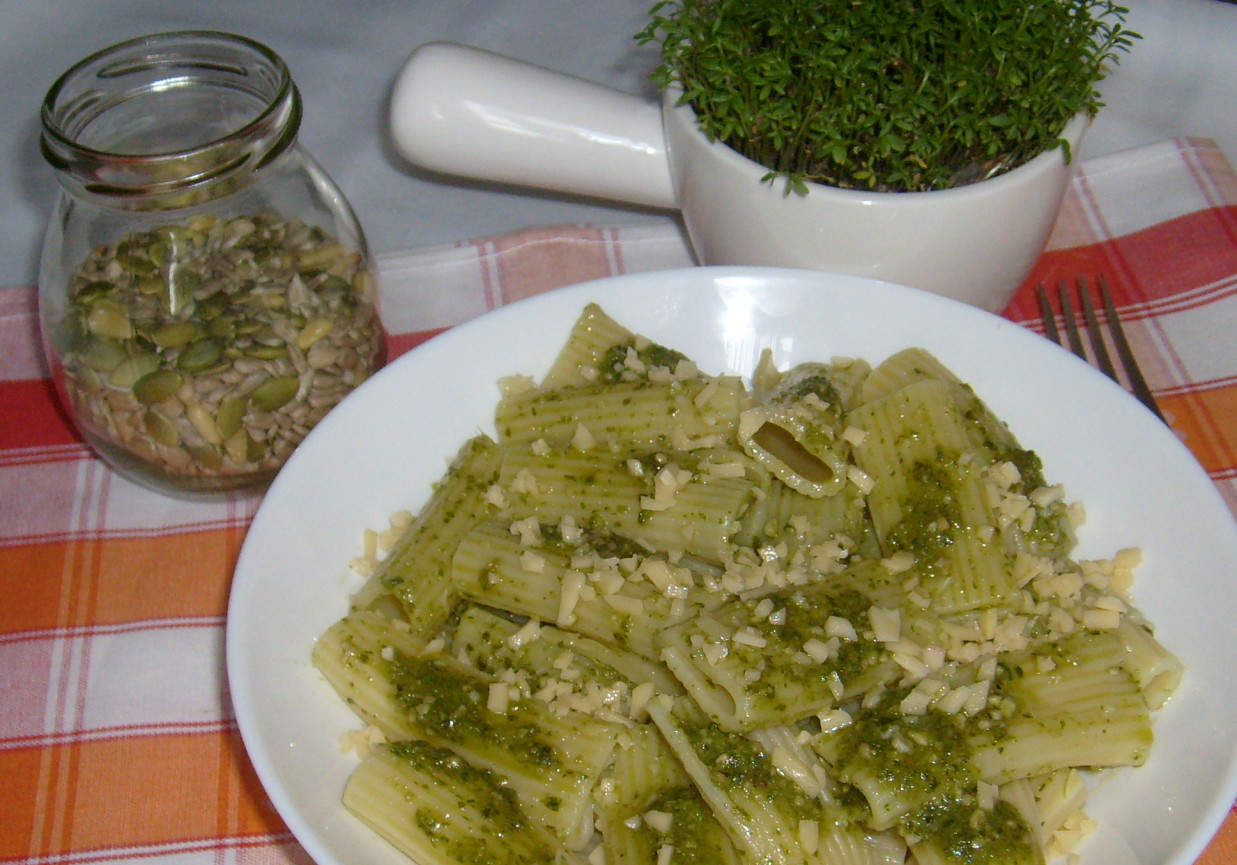MAKARON RIGATONI Z ZIELONYM PESTO Z RZEŻUCHĄ - DoradcaSmaku.pl